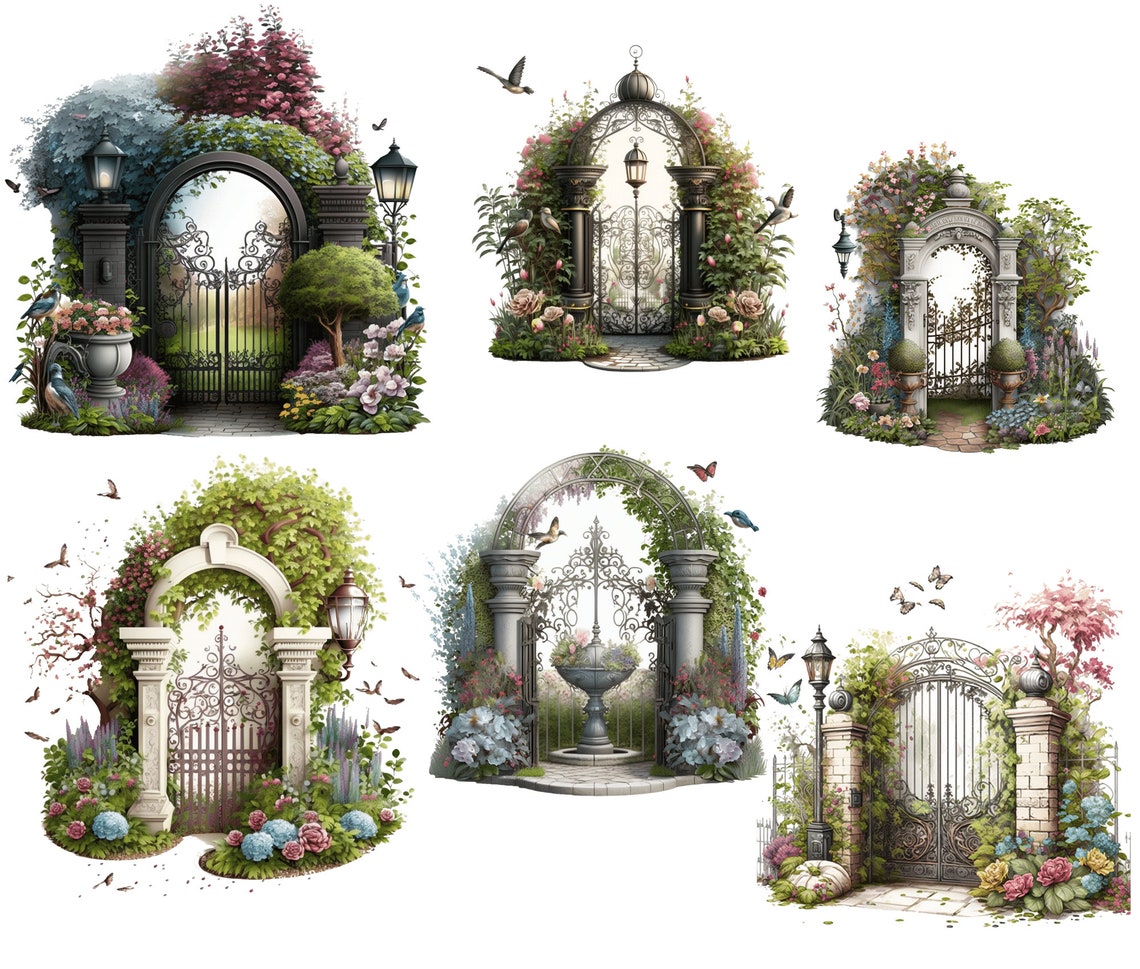 Digital Clipart Illustration Set, Secret Garden Gate, PNG Printable ...