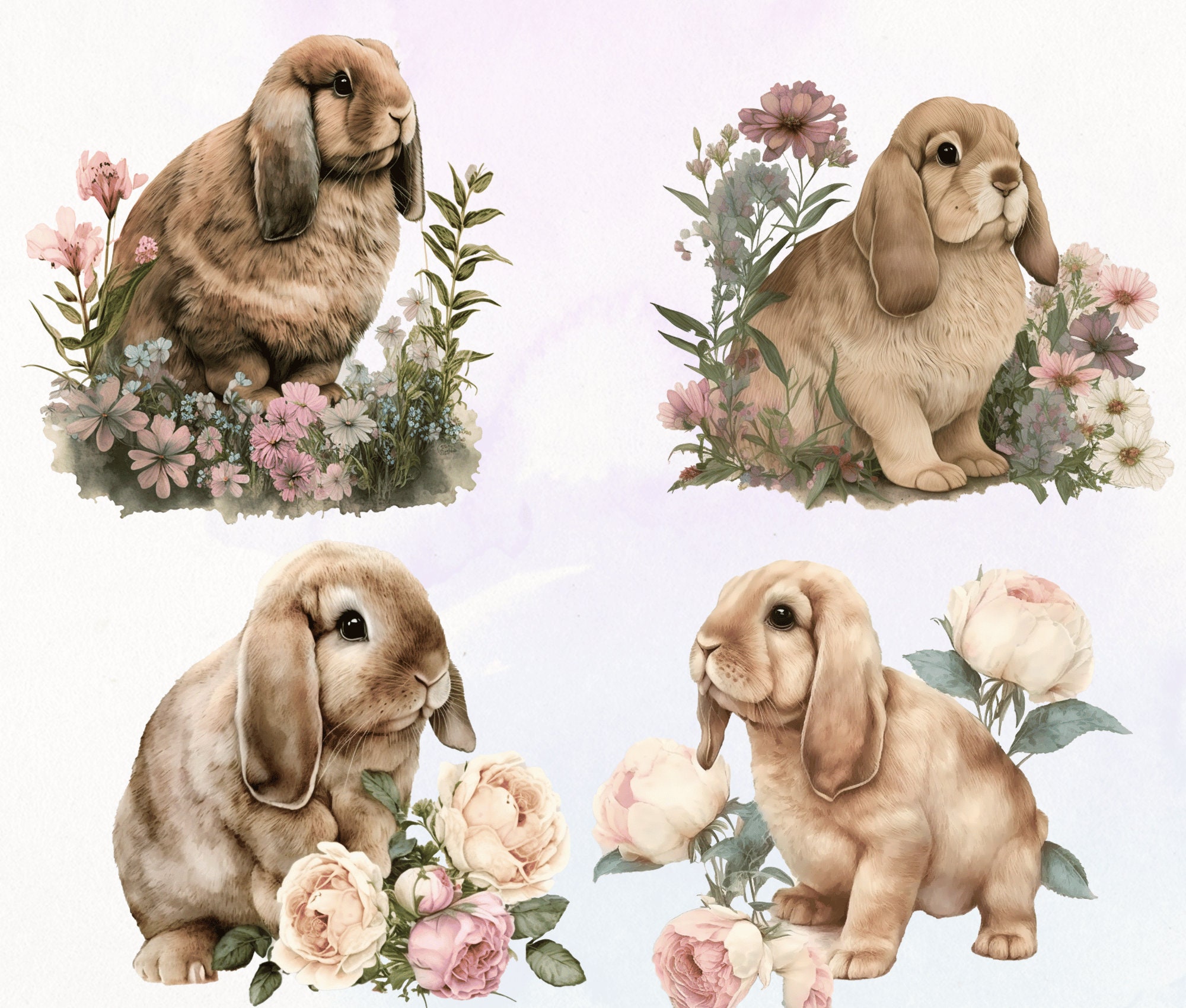 Digital Clipart Illustration Set, Cute Bunnies, PNG Printable ...