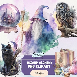 Digital Clipart Illustration Set, Vintage Watercolor Wizard Alchemy ...