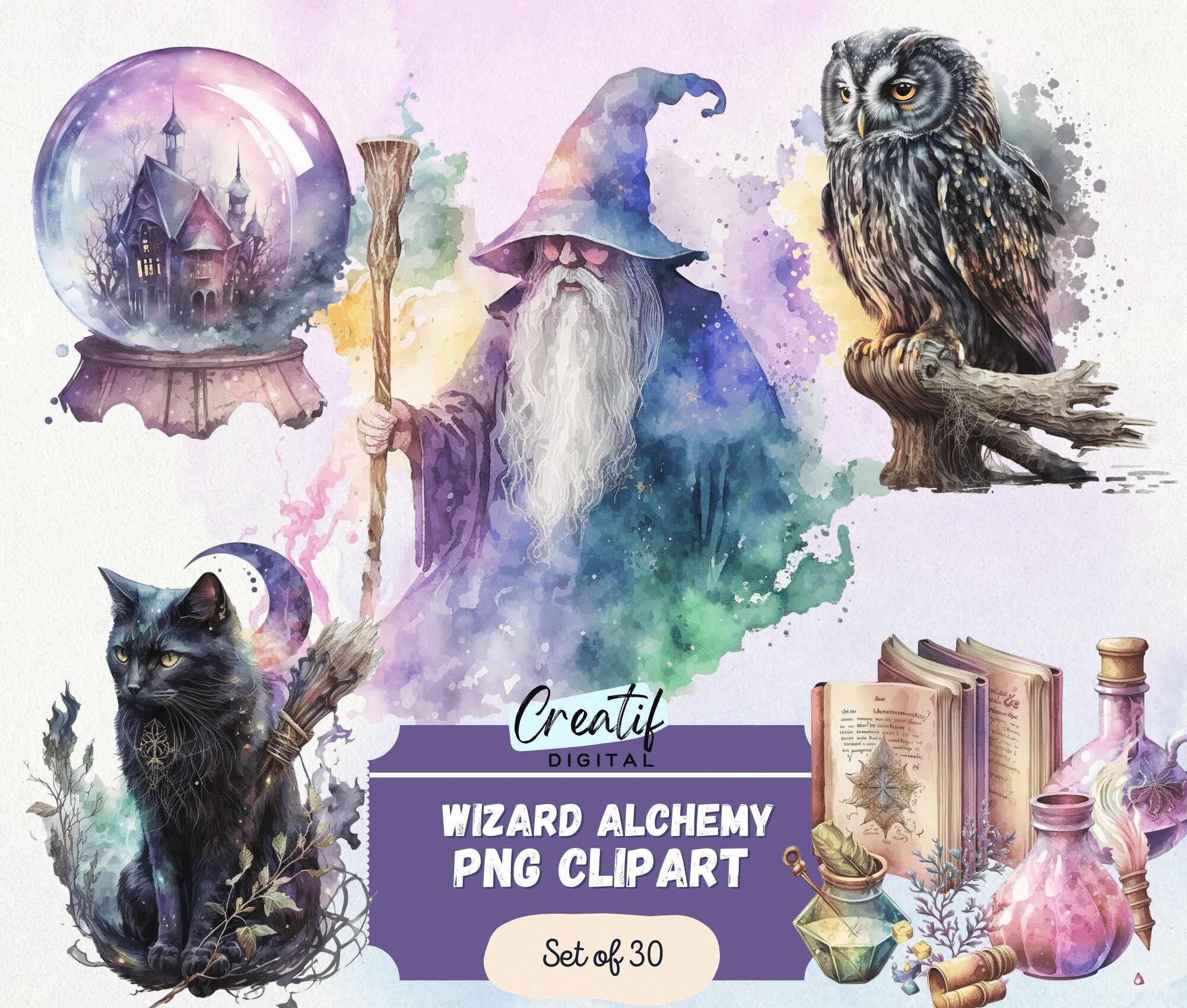Digital Clipart Illustration Set, Vintage Watercolor Wizard Alchemy ...