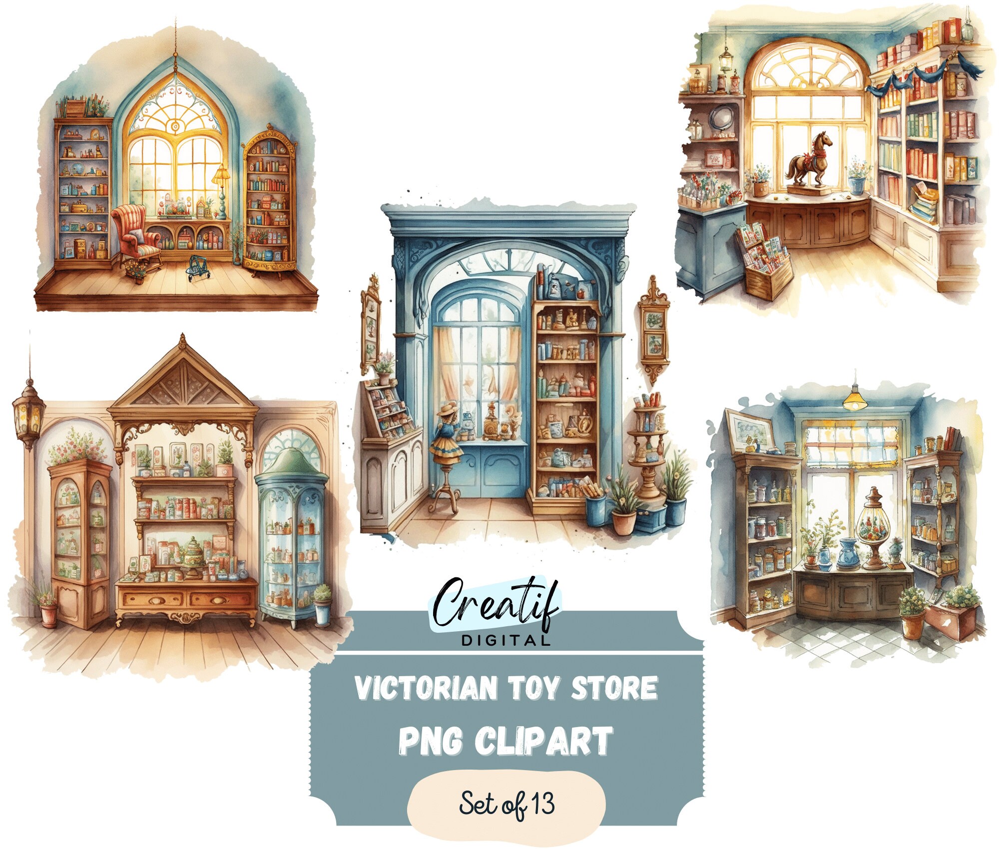 Digital Clipart Illustration Set, Victorian Toy Store, PNG Printable ...