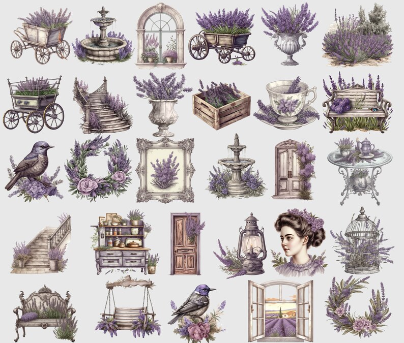 Digital Clipart Illustration Set, Lavender Vintage Garden Provence ...