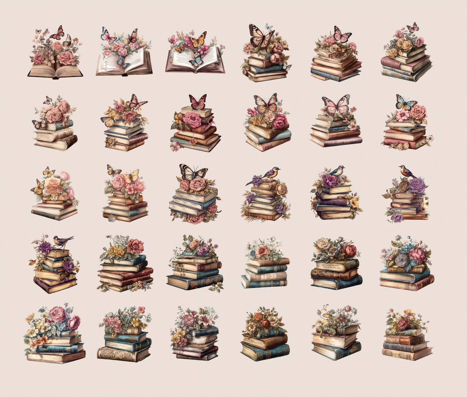Digital Clipart Floral Old Vintage Victorian Books Clipart Illustration ...