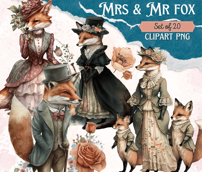 Digital Clipart Illustration Set, Fantasy Victorian Fox Family Clipart ...