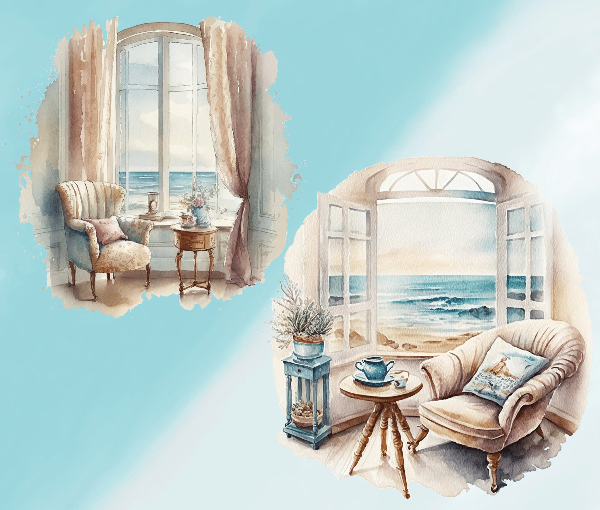 Digital Clipart Illustration Set Reading by the Sea Romantic - Etsy UK