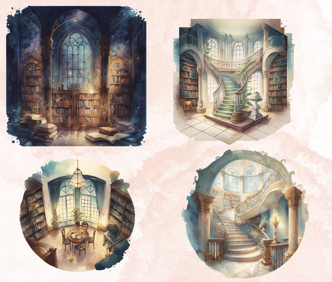 Digital Clipart Illustration Set, Beautiful Grand Libraries, PNG ...