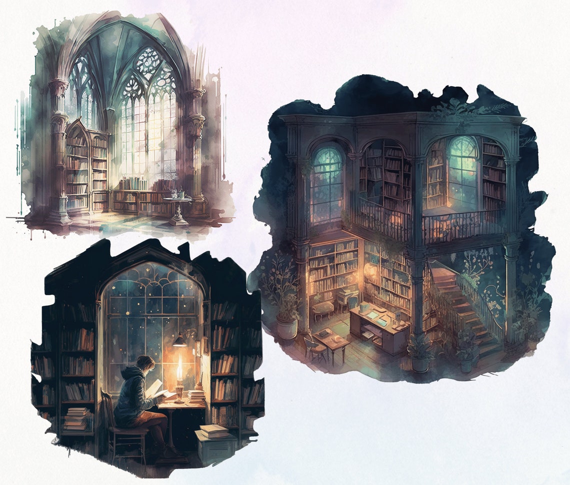 Digital Clipart Illustration Set, Beautiful Grand Libraries, PNG ...