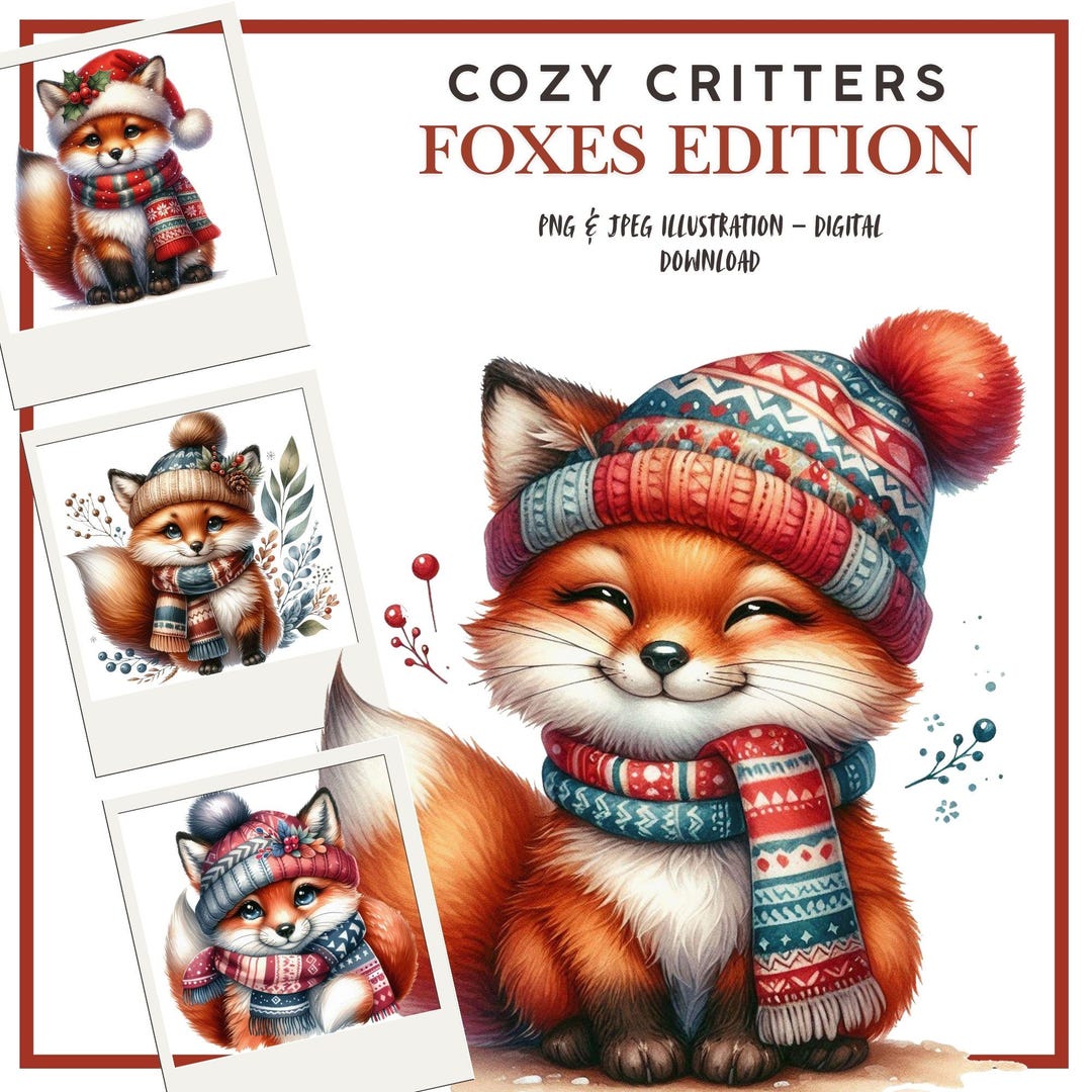 Digital Winter Clipart, Christmas Festive Foxes, Illustrations for ...