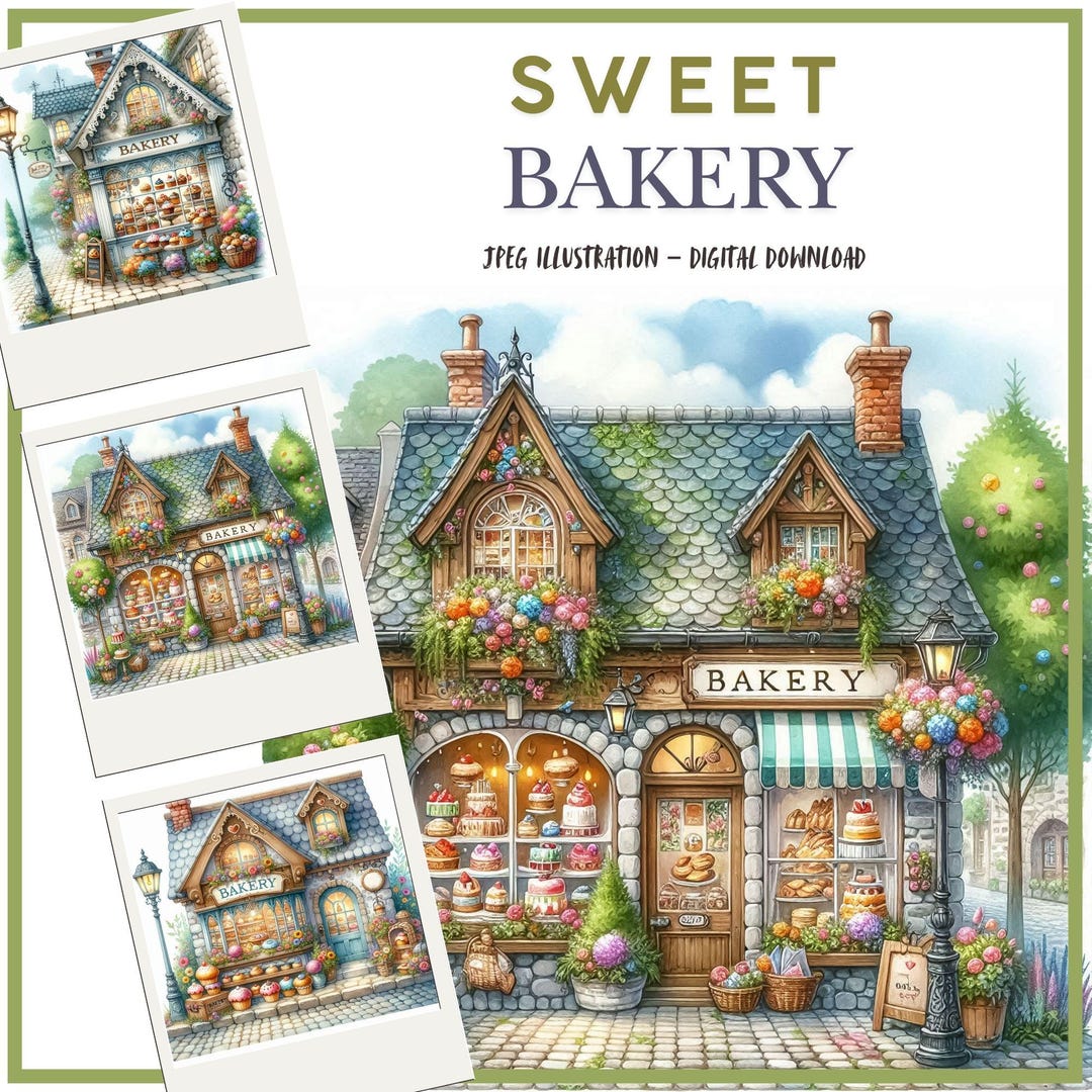 Digital Romantic Bakery Shop Clipart, Cottage, Illustrations for ...