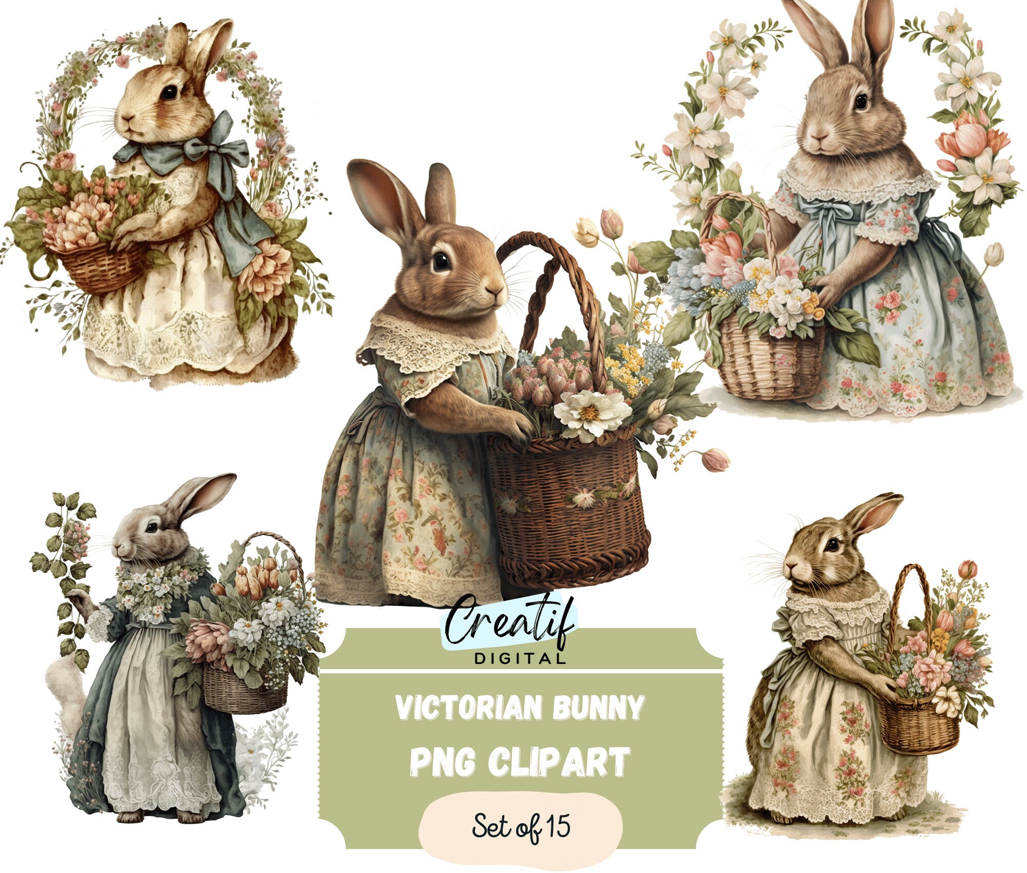 Digital Clipart Illustration Set, A Victorian Bunny, PNG Printable ...