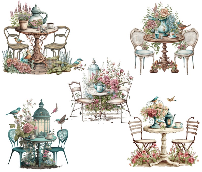 Digital Clipart Illustration Set Tea in the Garden PNG - Etsy