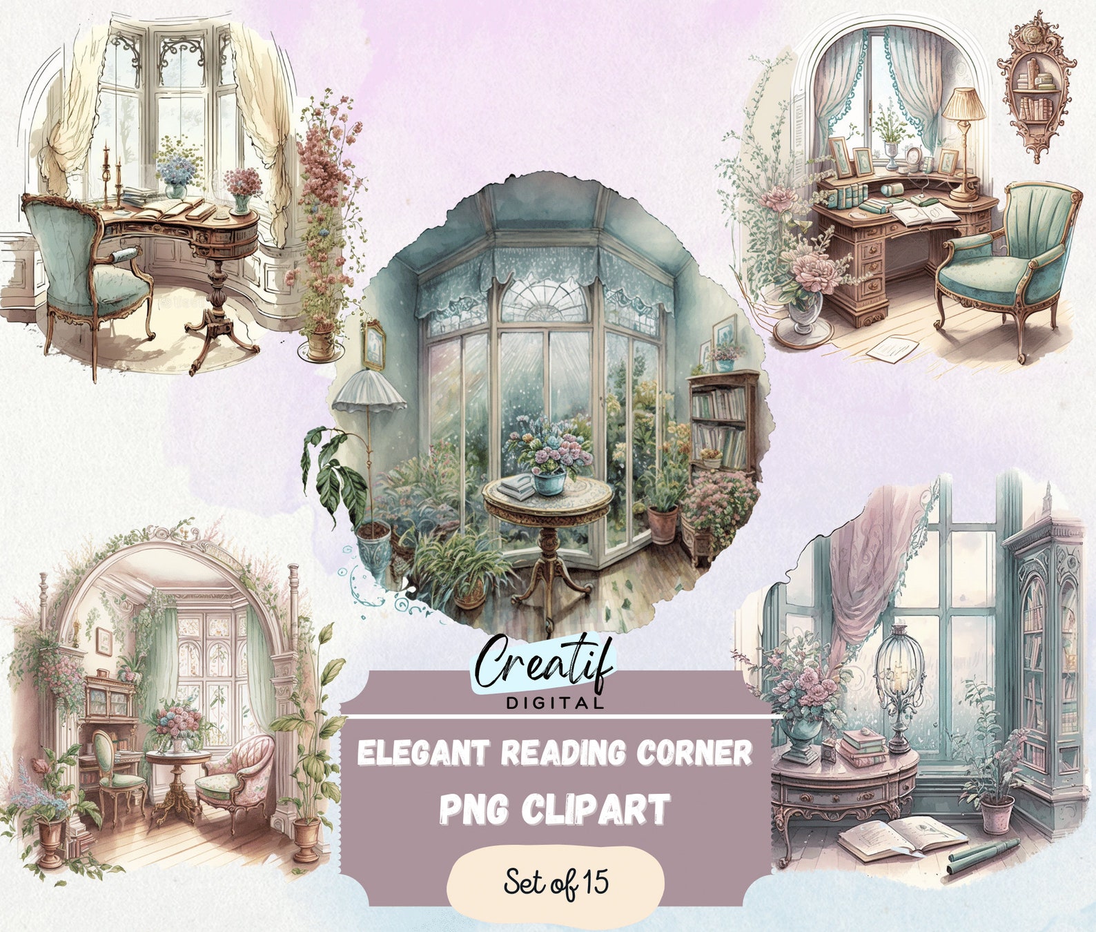 Digital Clipart Illustration Set, Cozy Reading Book Corner, PNG ...