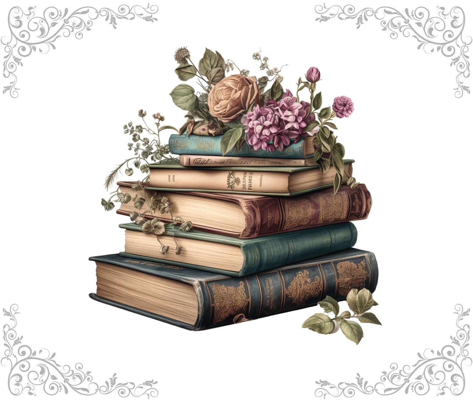 Digital Clipart Floral Old Vintage Victorian Books Clipart Illustration ...