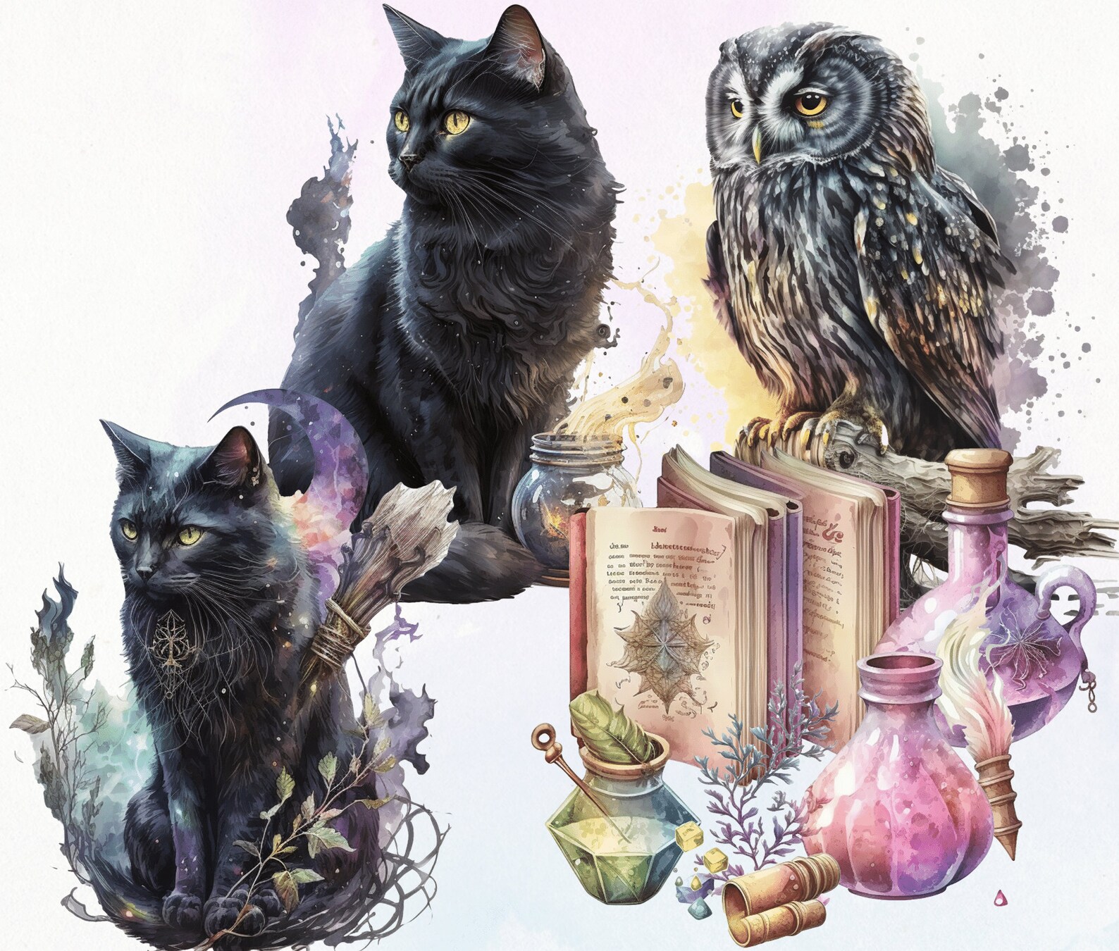 Digital Clipart Illustration Set, Vintage Watercolor Wizard Alchemy ...