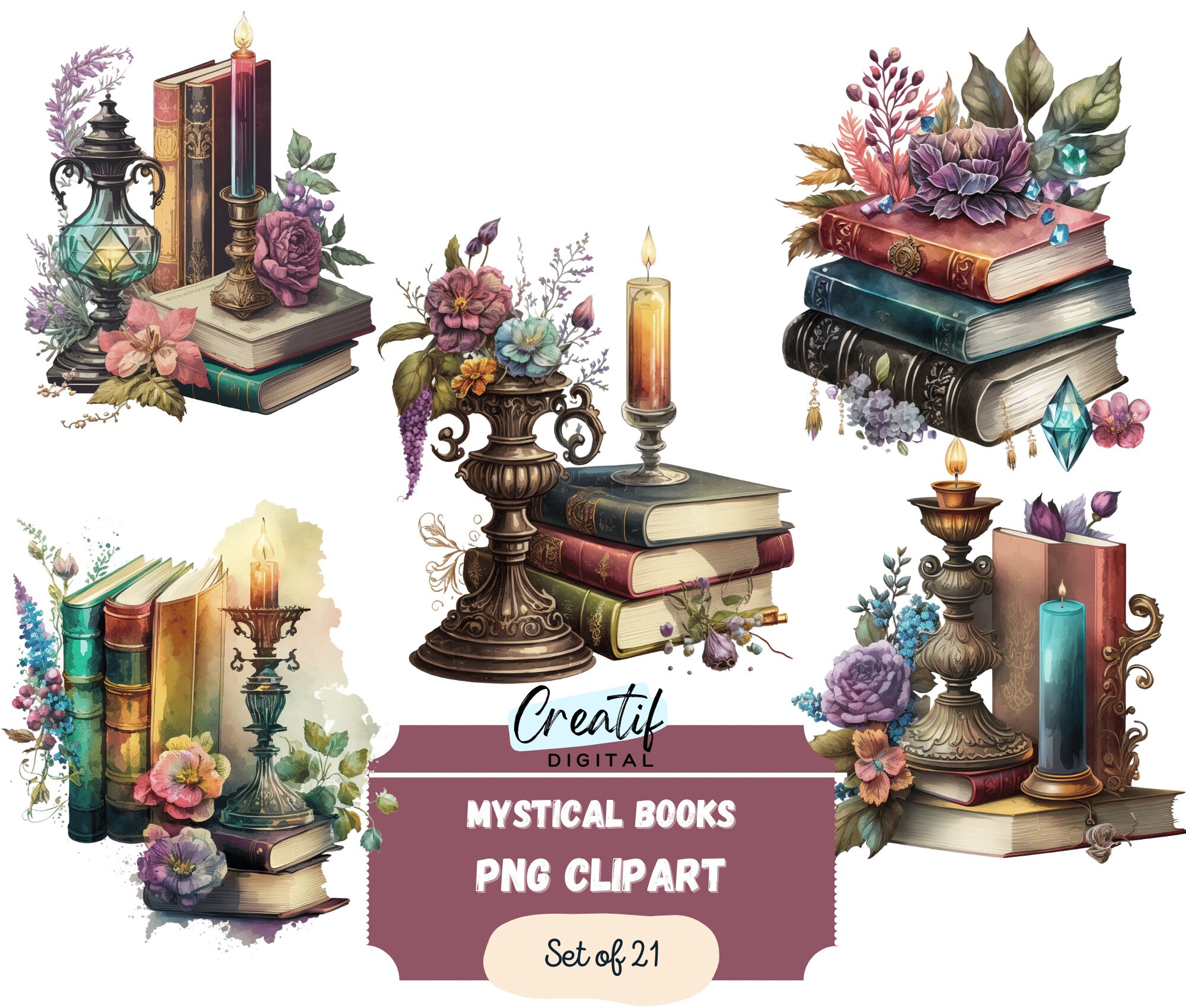 Digital Clipart Illustration Set, Mystical Books, PNG Printable ...