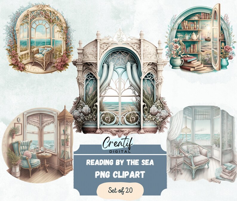 Digital Clipart Illustration Set, Reading by the Sea Romantic Summer ...