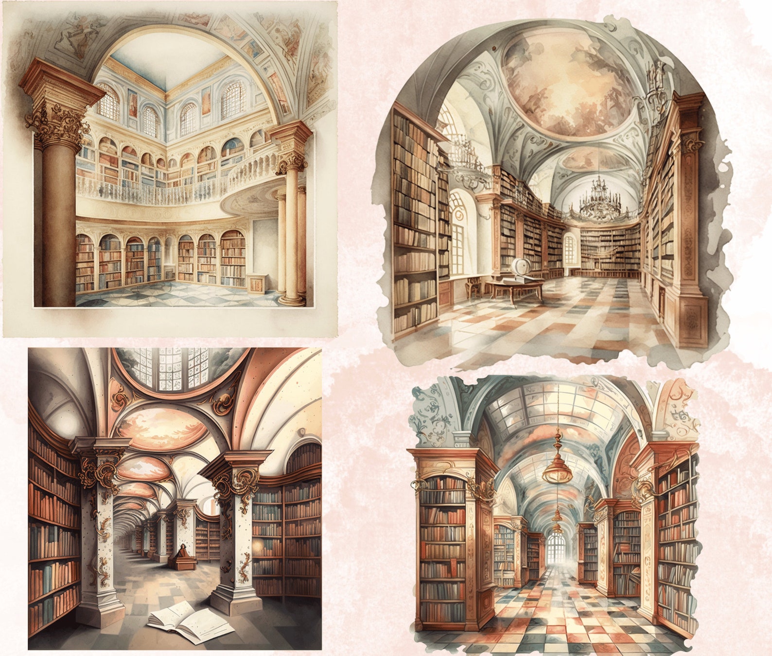 Digital Clipart Illustration Set, Beautiful Grand Libraries, PNG ...