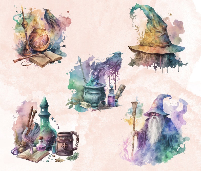 Digital Clipart Illustration Set, Vintage Watercolor Wizard Alchemy ...