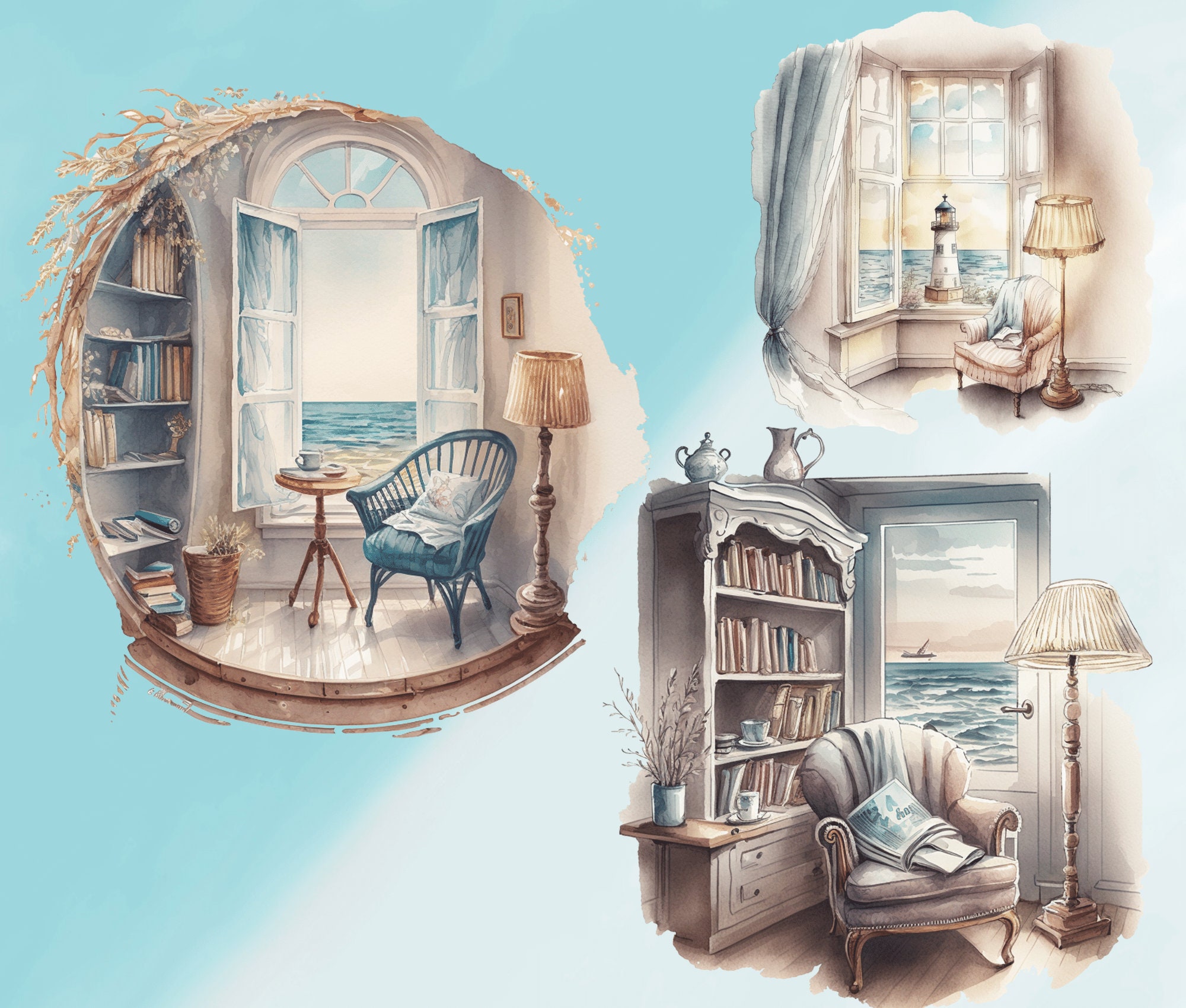 Digital Clipart Illustration Set, Reading by the Sea Romantic Summer ...