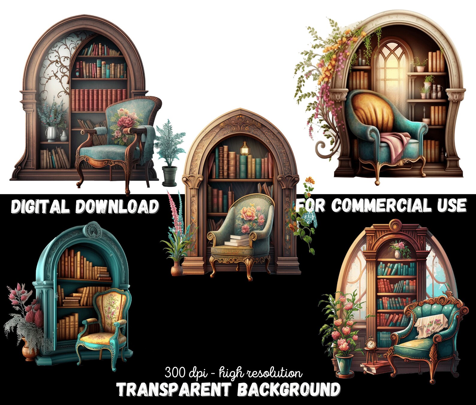 Digital Clipart Illustration Set, Victorian Reading Corner, PNG ...