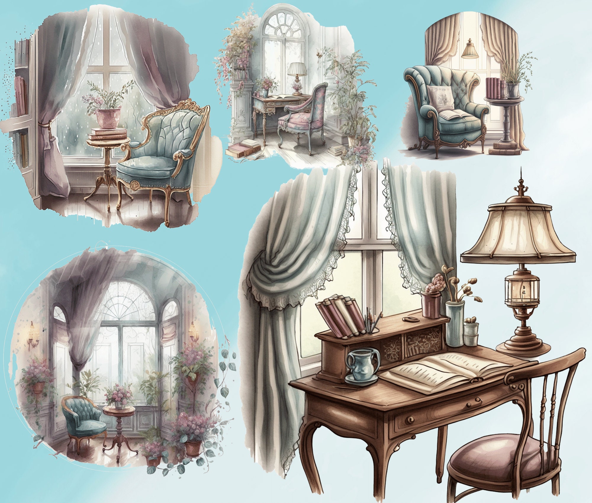 Digital Clipart Illustration Set, Cozy Reading Book Corner, PNG ...