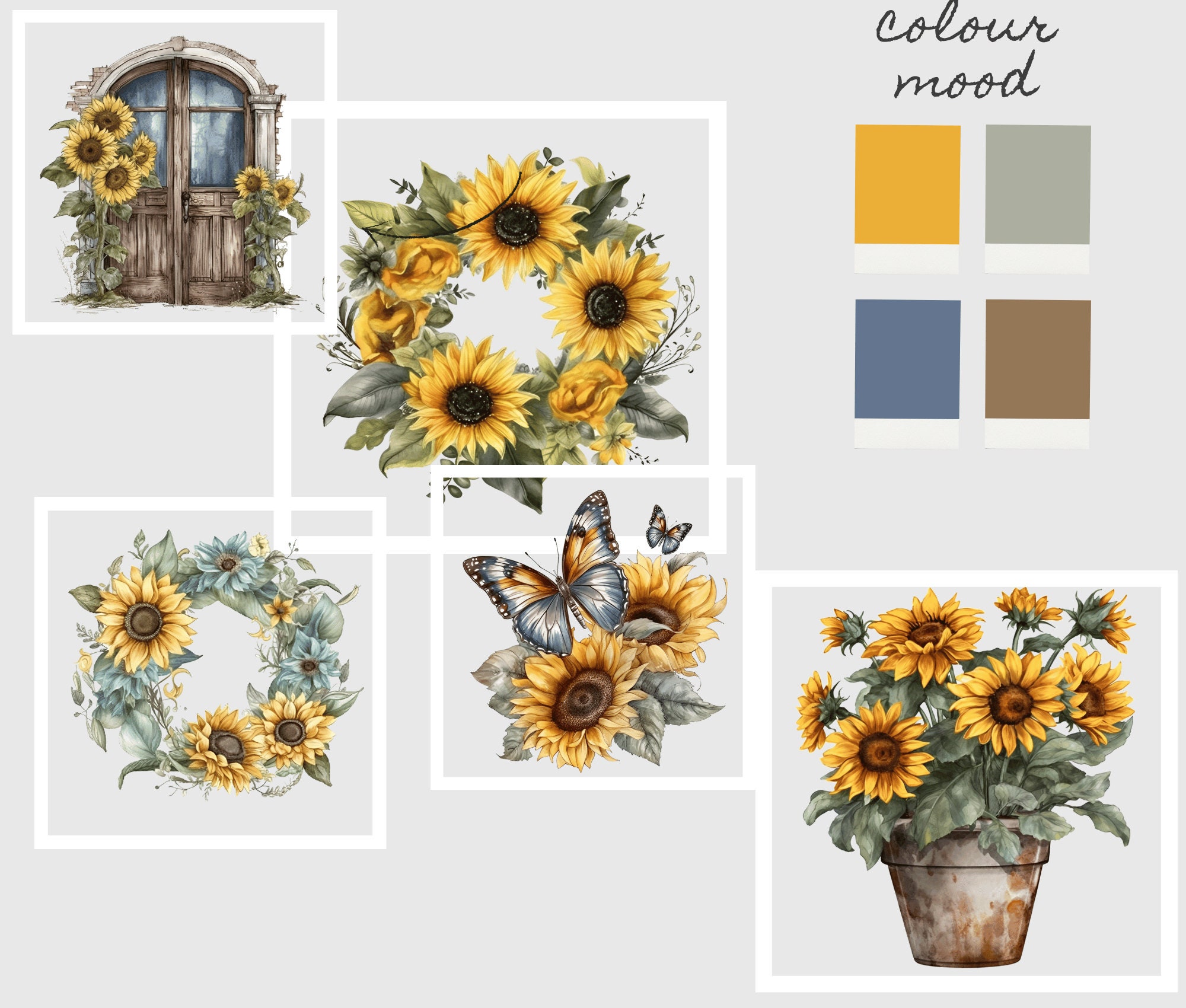 Digital Clipart Illustration Set, Sunflower Vintage Garden Spring ...