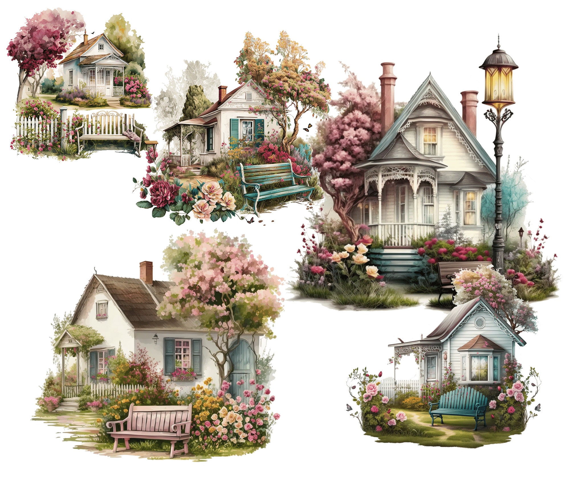 Digital Clipart Illustration Set Cottage in Bloom PNG - Etsy
