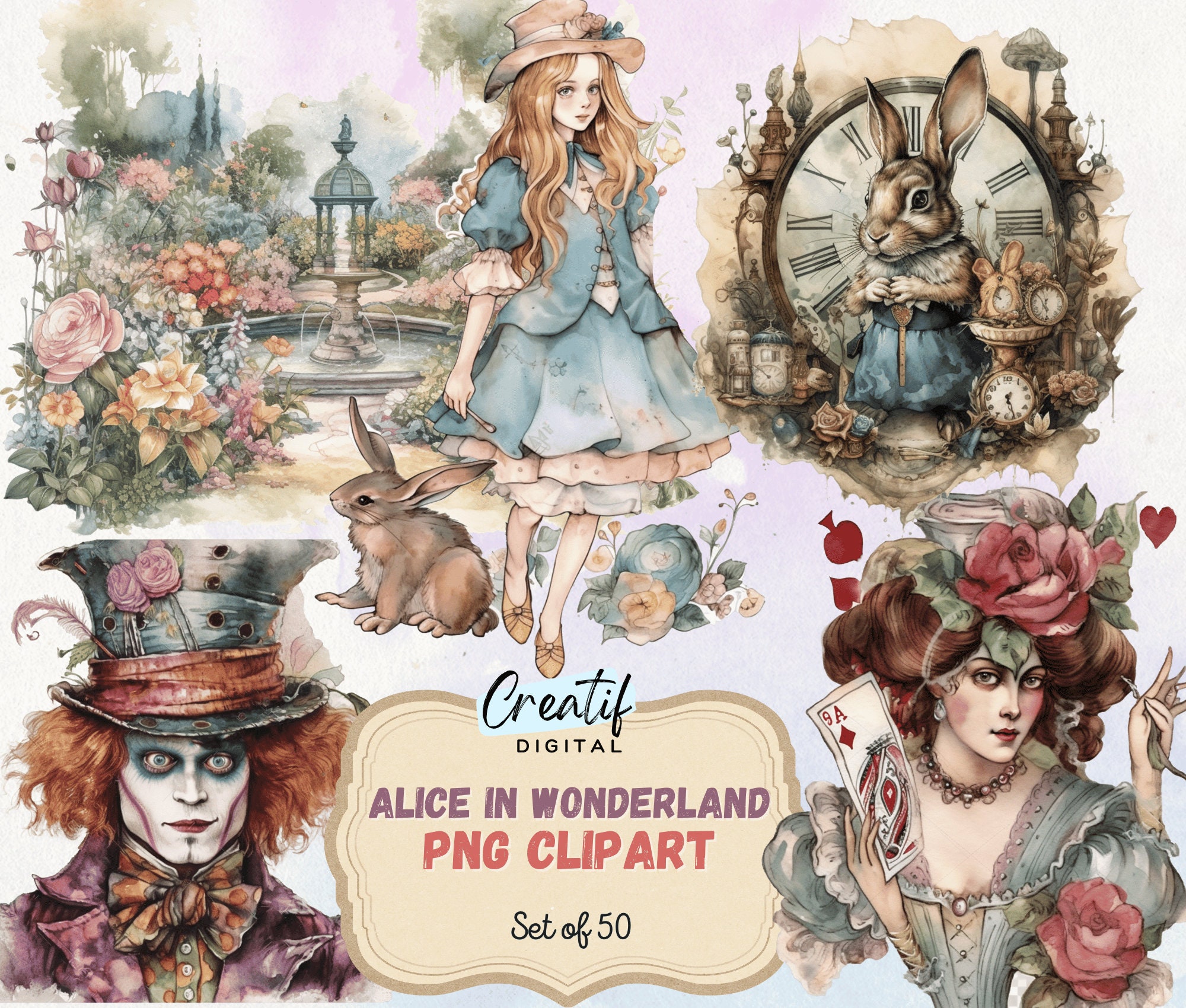 Digital Clipart Illustration Set Alice in Wonderland PNG - Etsy