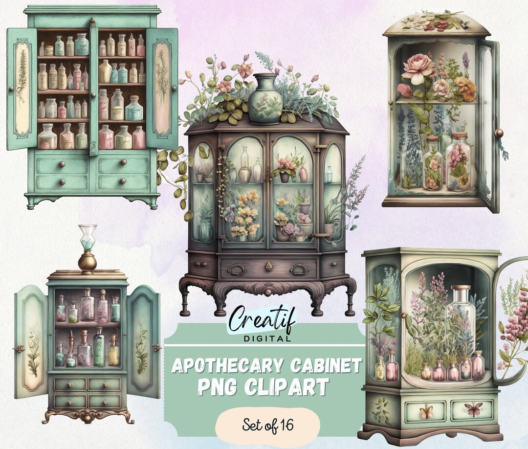 Digital Clipart Illustration Set, Vintage Watercolor Alchemy Cabinet ...