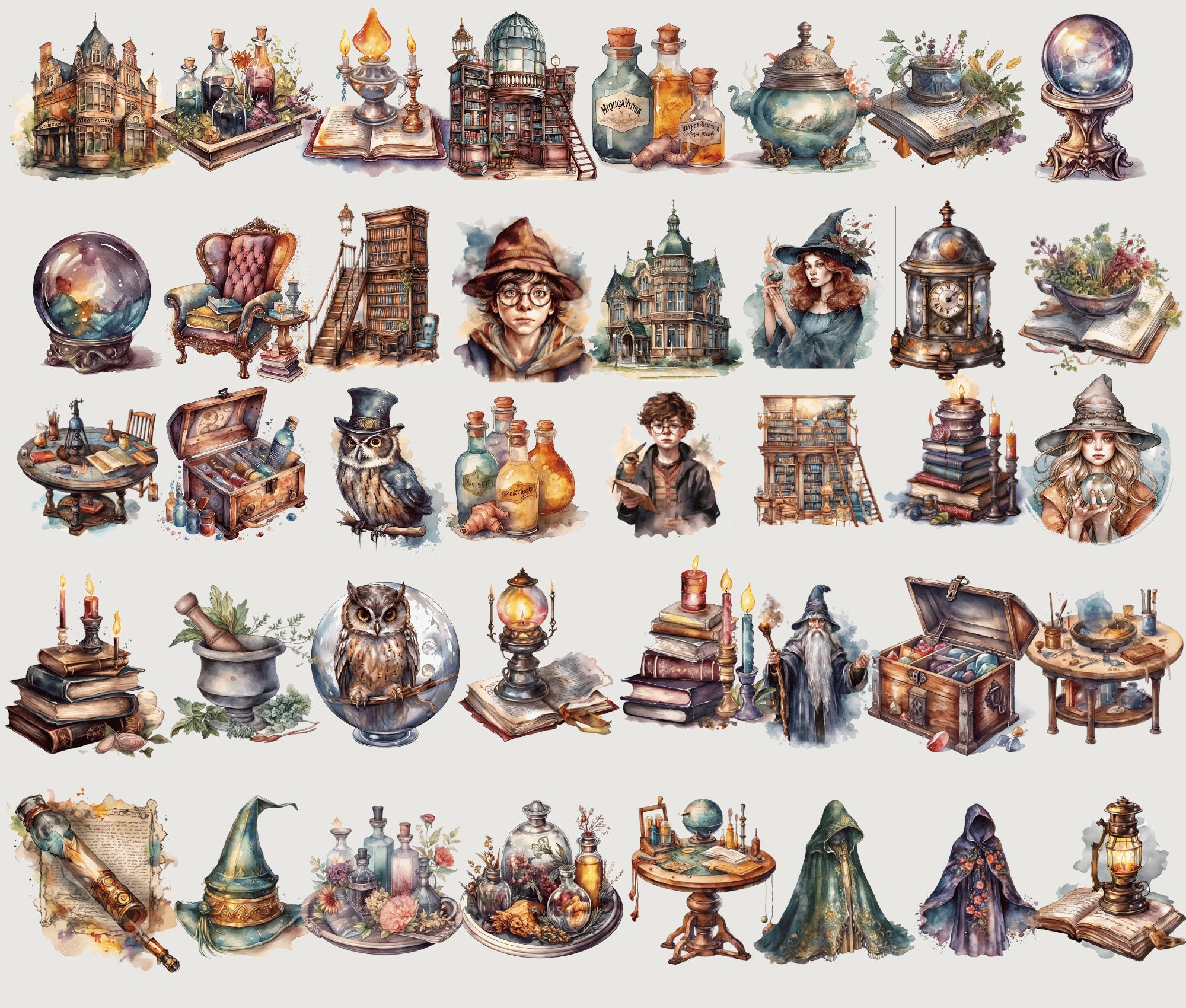 Digital Clipart Illustration Set, Magic Academy Wizard Fantasy Mystical ...