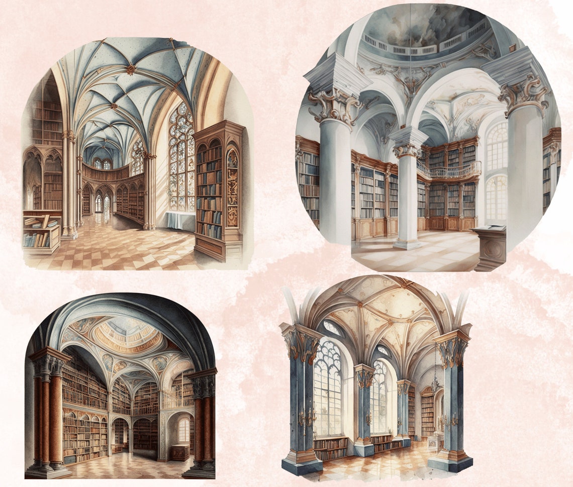 Digital Clipart Illustration Set, Beautiful Grand Libraries, PNG ...