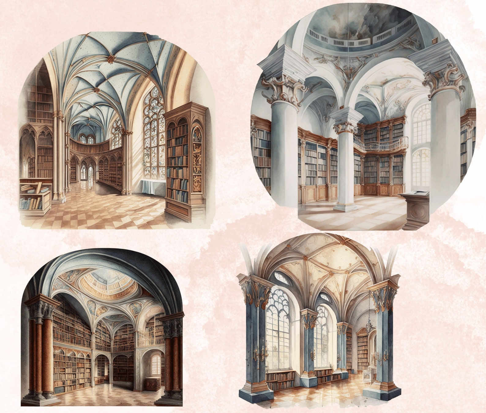 Digital Clipart Illustration Set, Beautiful Grand Libraries, PNG ...