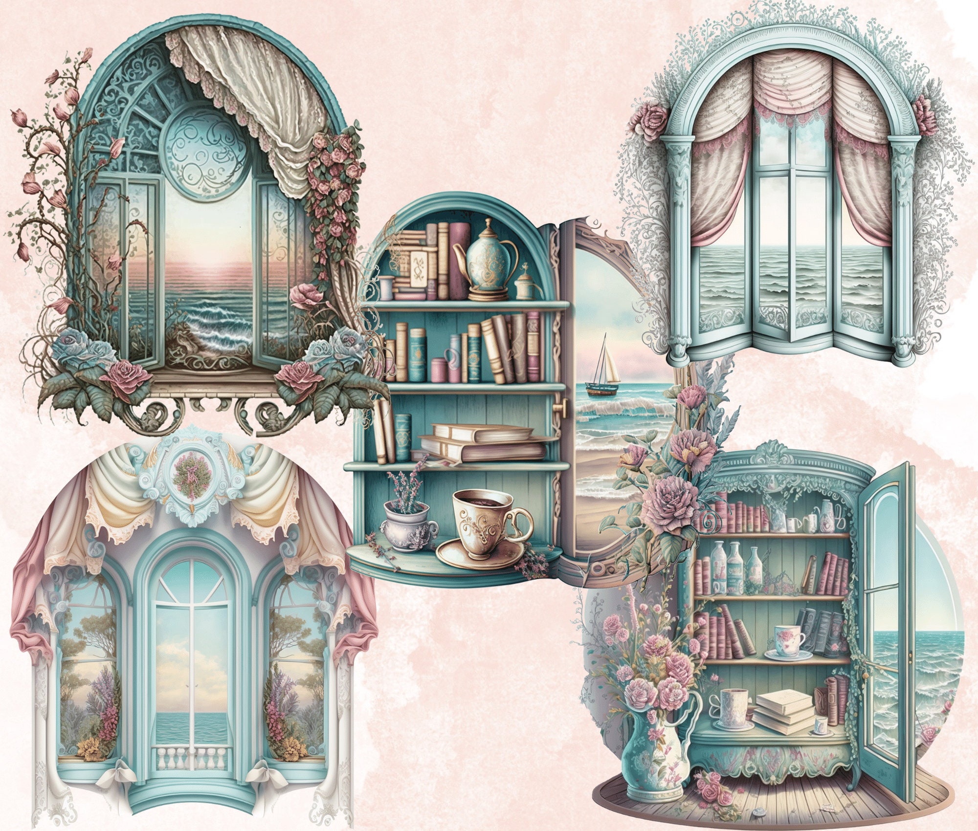 Digital Clipart Illustration Set, Reading by the Sea Romantic Summer ...