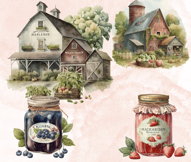 Digital Clipart Illustration Set, Farmhouse , PNG Printable Watercolor ...