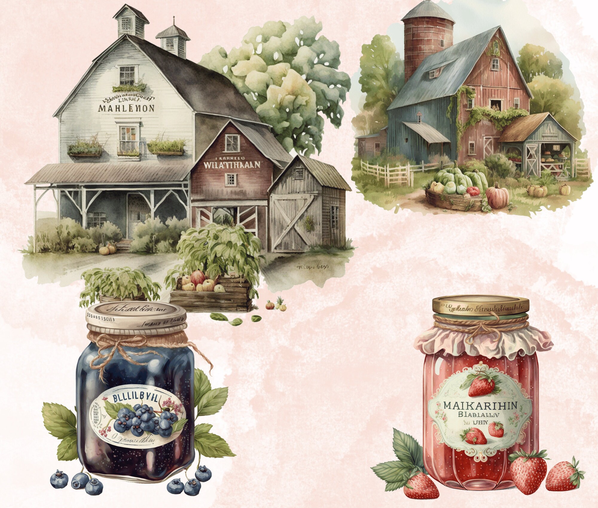 Digital Clipart Illustration Set, Farmhouse , PNG Printable Watercolor ...