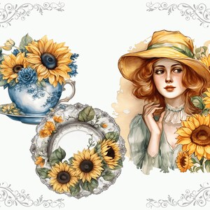 Digital Clipart Illustration Set, Sunflower Vintage Garden Spring ...