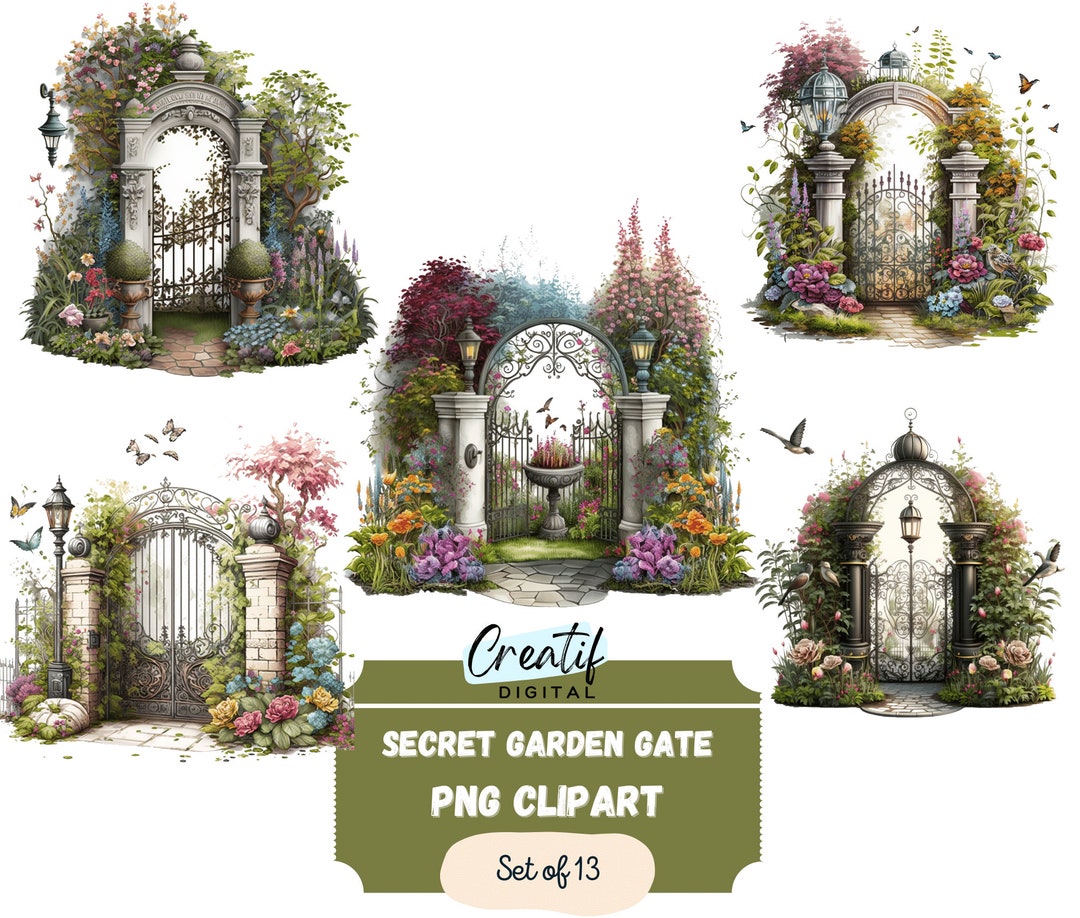 Digital Clipart Illustration Set, Secret Garden Gate, PNG Printable ...