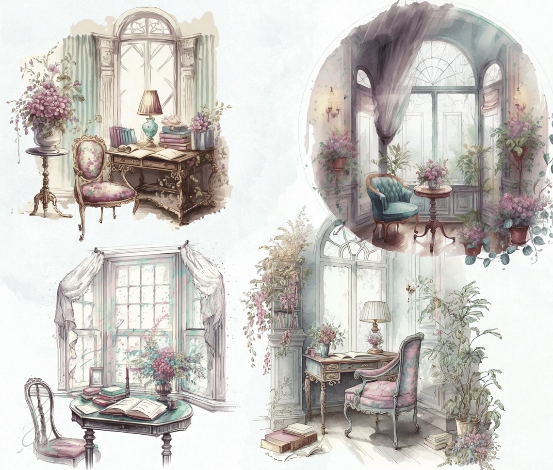 Digital Clipart Illustration Set, Cozy Reading Book Corner, PNG ...