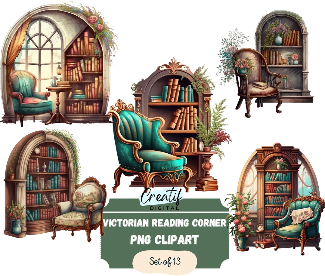 Digital Clipart Illustration Set, Victorian Reading Corner, PNG ...
