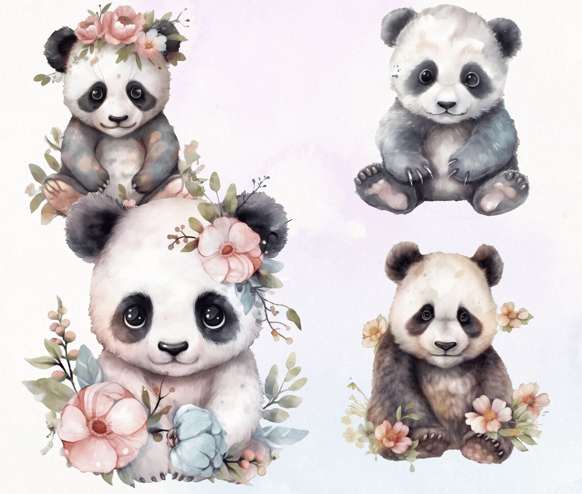Digital Clipart Illustration Set, Cute Baby Panda, PNG Printable ...