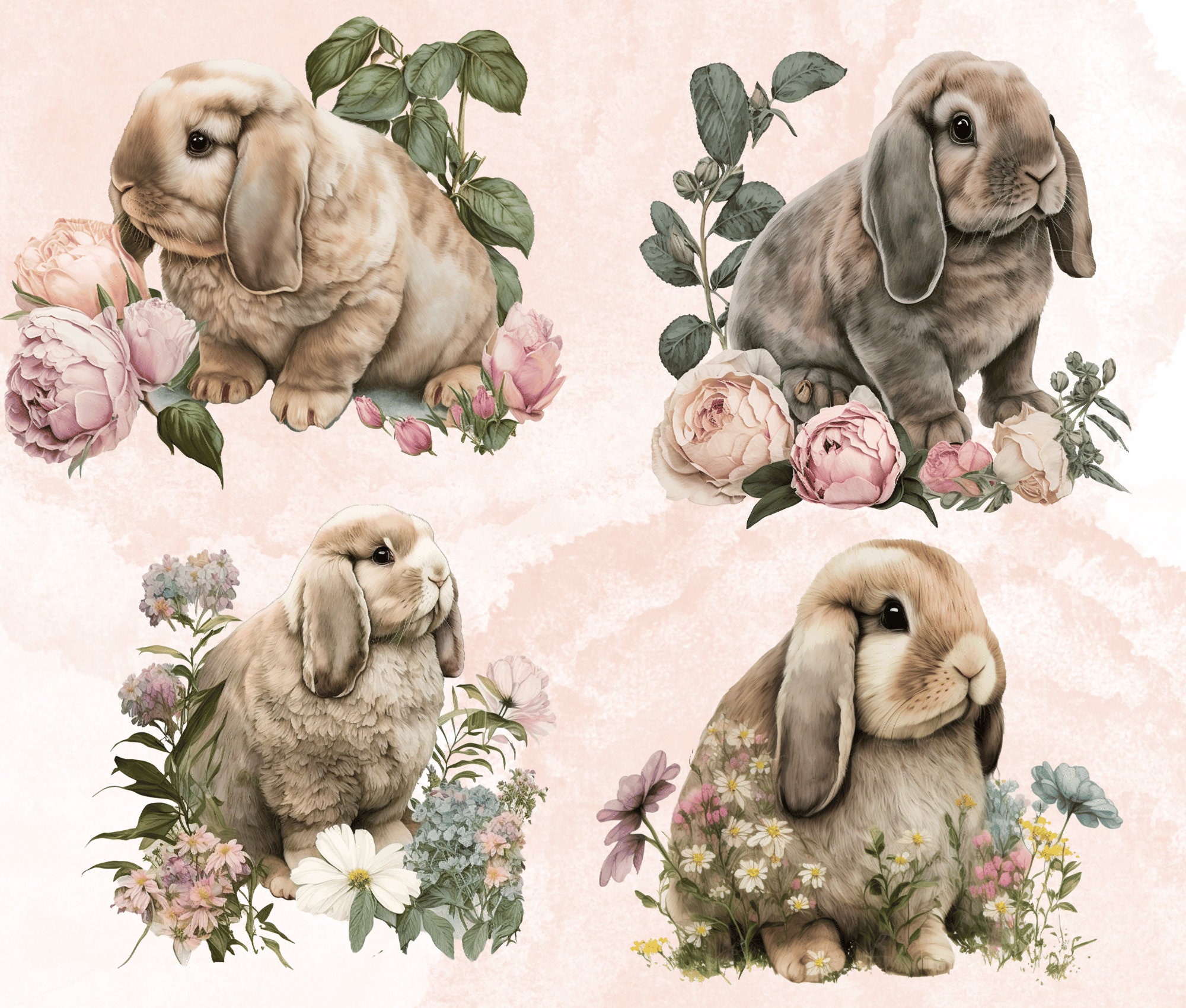 Digital Clipart Illustration Set, Cute Bunnies, PNG Printable ...