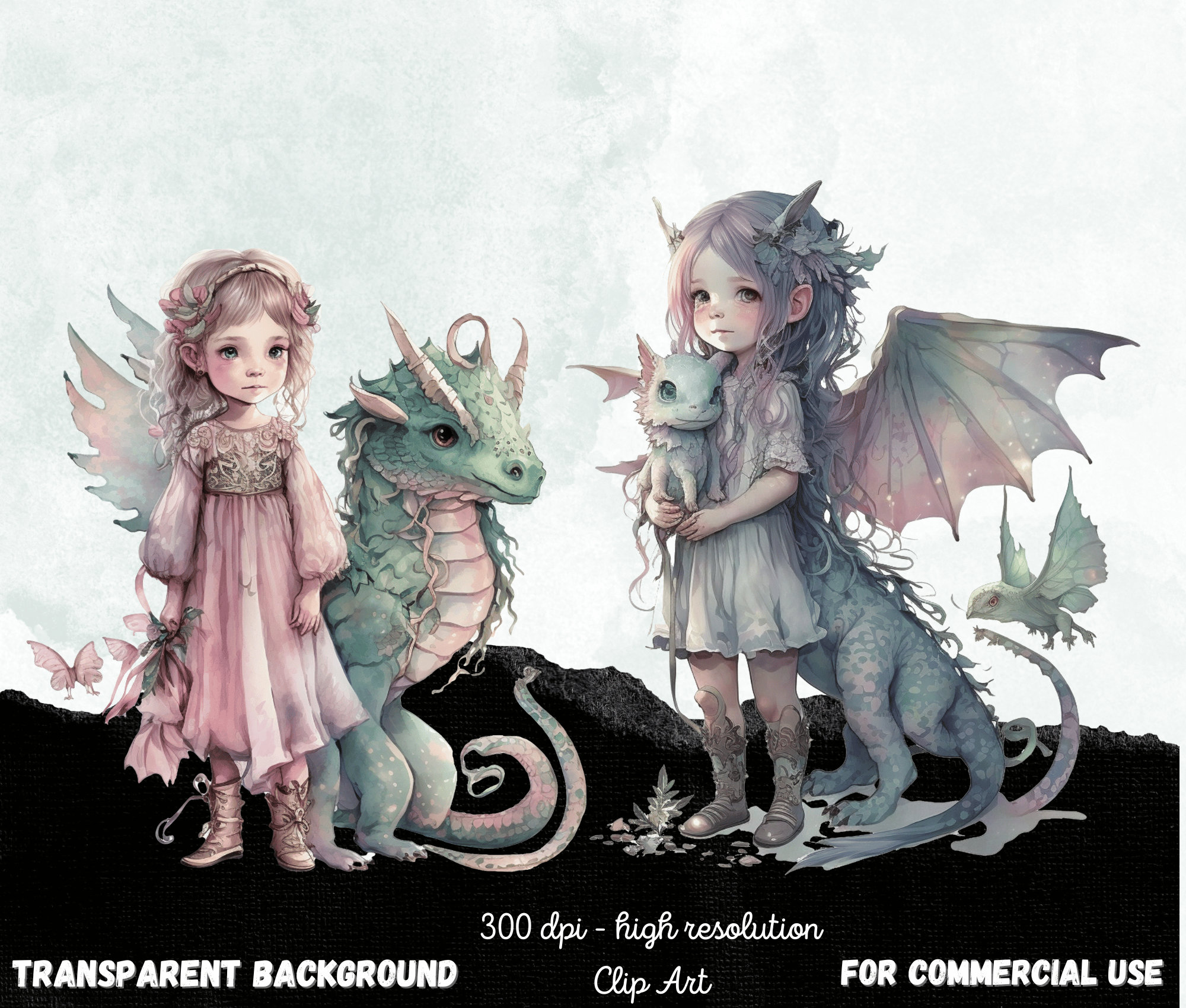 Digital Clipart Illustration Set, Cute Girl and Her Pet Dragon , PNG ...