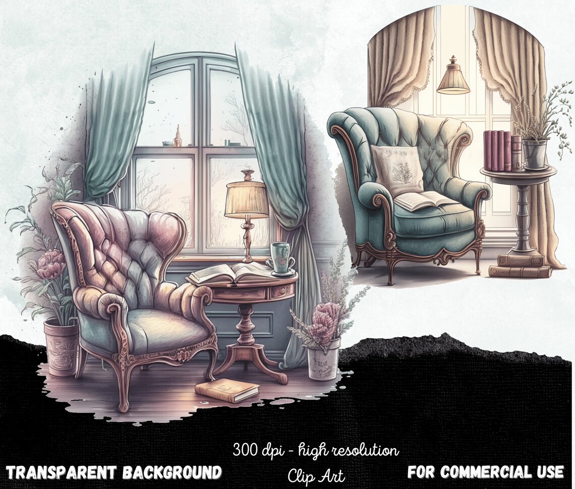 Digital Clipart Illustration Set, Cozy Reading Book Corner, PNG ...