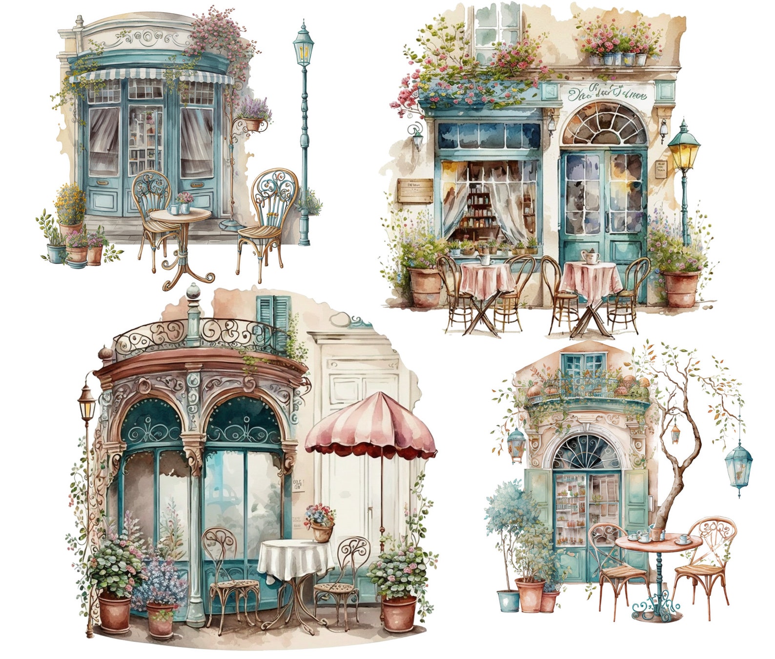 Digital Clipart Illustration Set, French Cafe, PNG Printable Watercolor ...