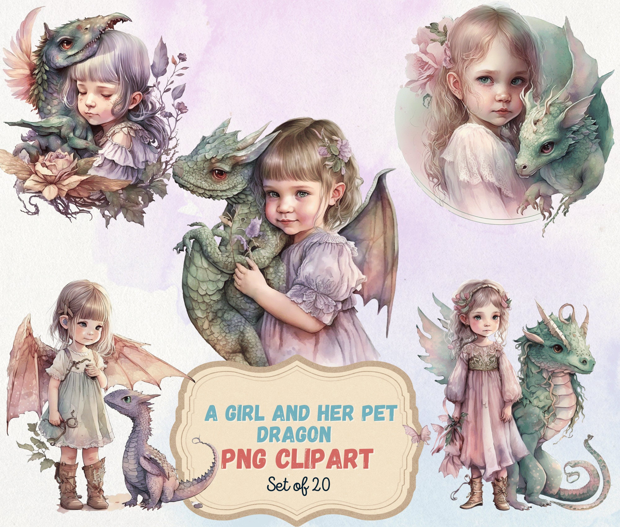 Digital Clipart Illustration Set, Cute Girl and Her Pet Dragon , PNG ...
