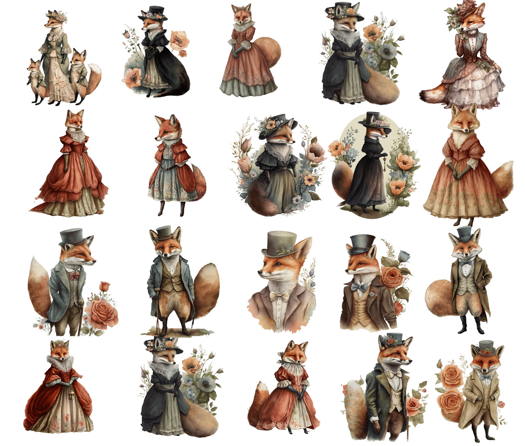 Digital Clipart Illustration Set, Fantasy Victorian Fox Family Clipart ...
