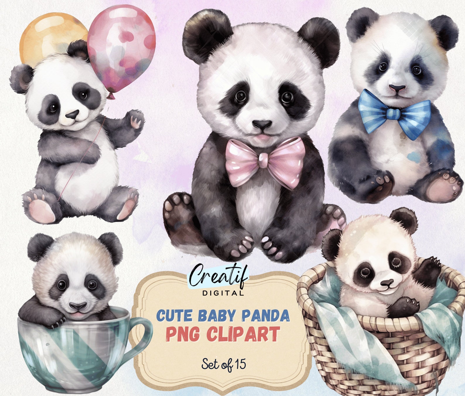 Digital Clipart Illustration Set, Cute Baby Panda, PNG Printable ...