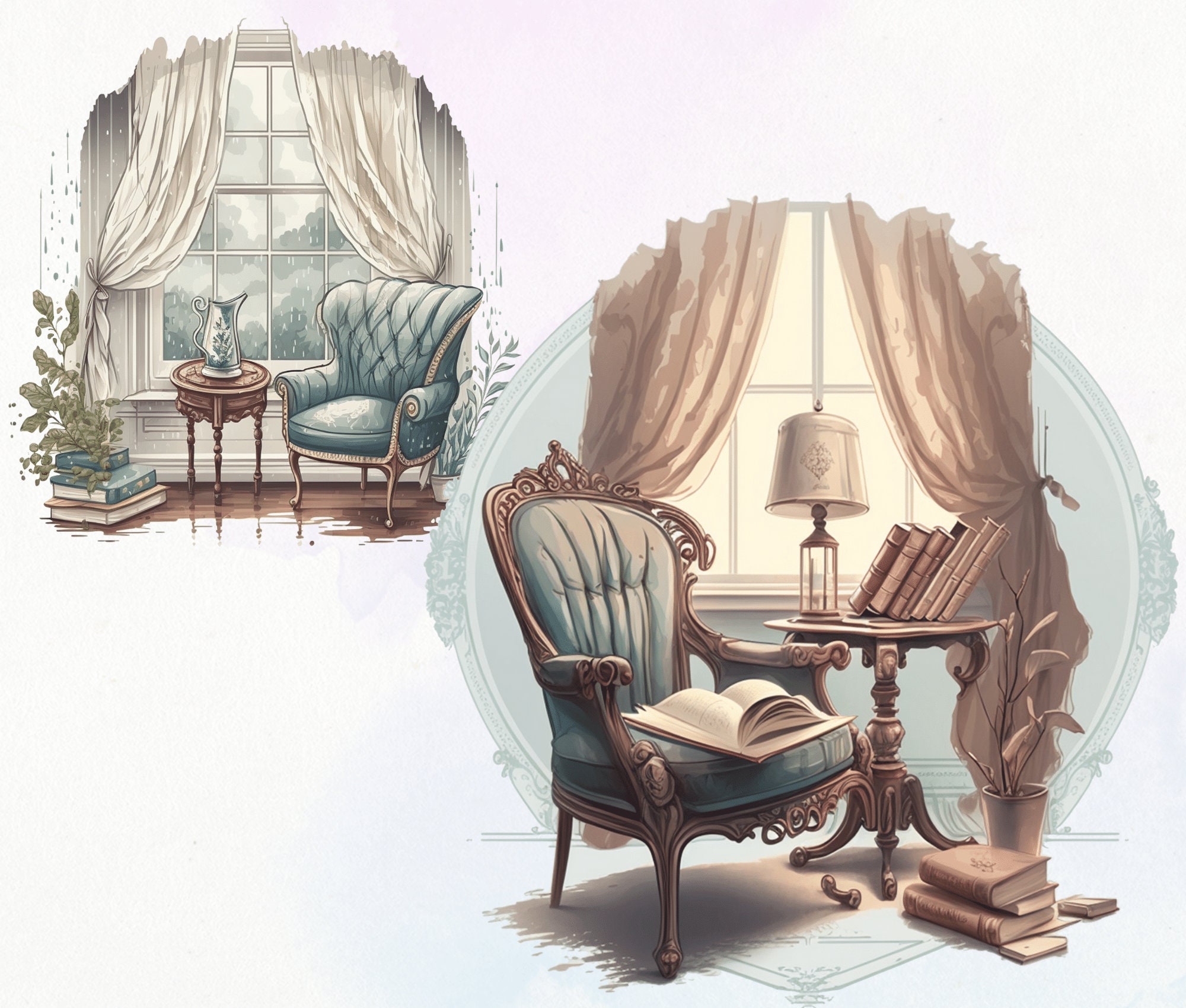 Digital Clipart Illustration Set, Cozy Reading Book Corner, PNG ...