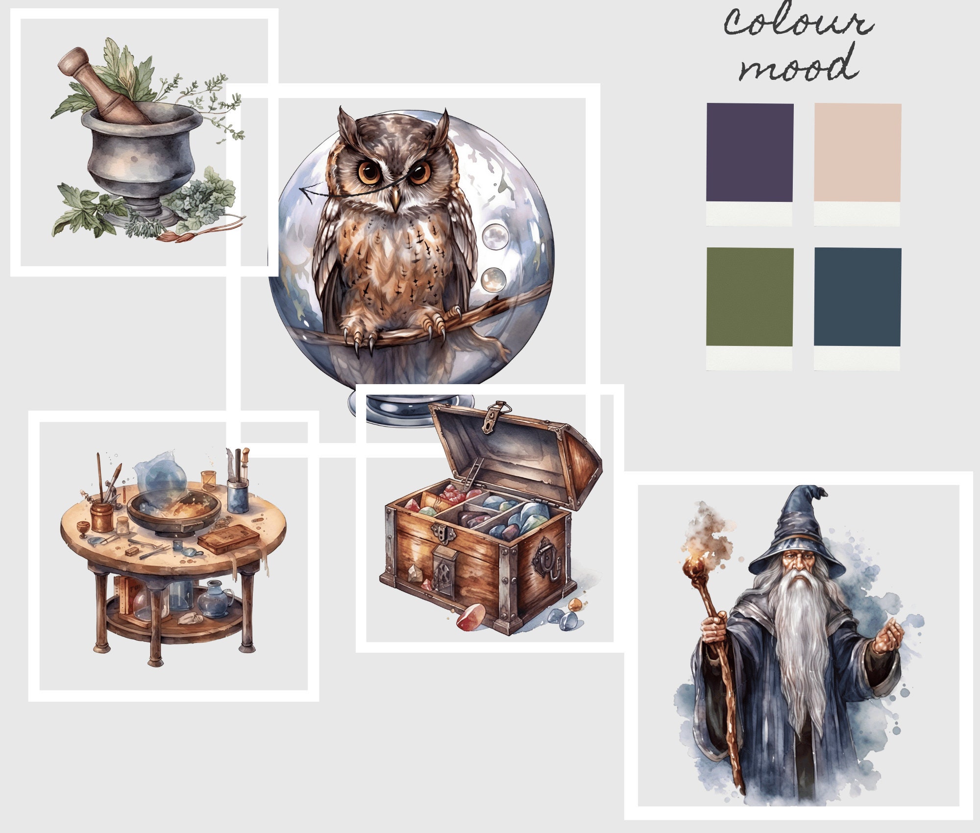 Digital Clipart Illustration Set, Magic Academy Wizard Fantasy Mystical ...