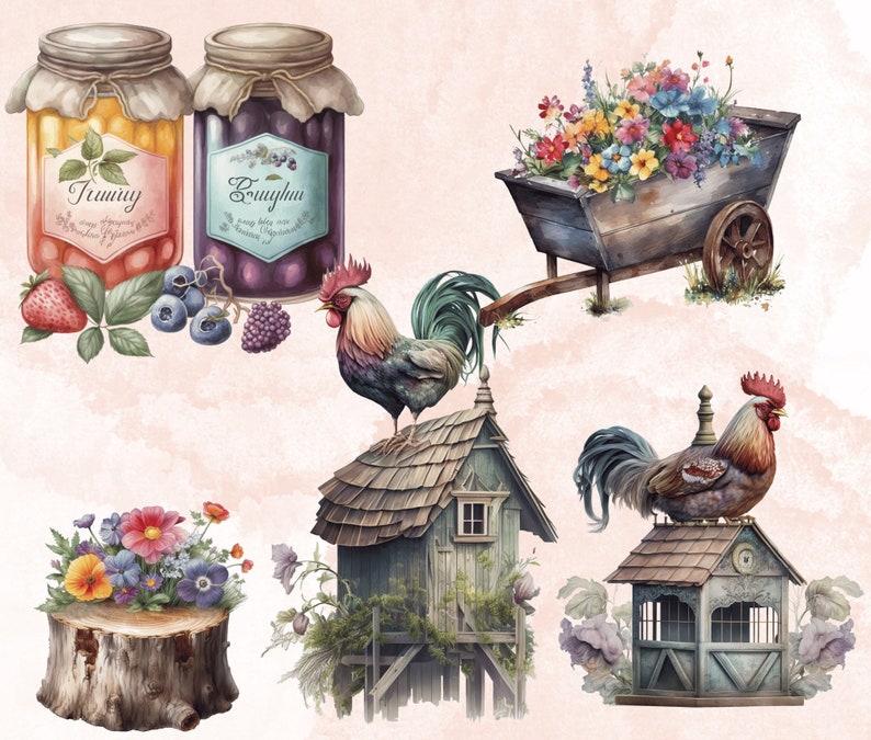 Digital Clipart Illustration Set, Farmhouse , PNG Printable Watercolor ...